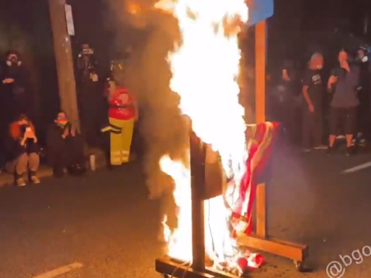 Protesters In Portland Burn American Flags, Brandish Guillotines ...